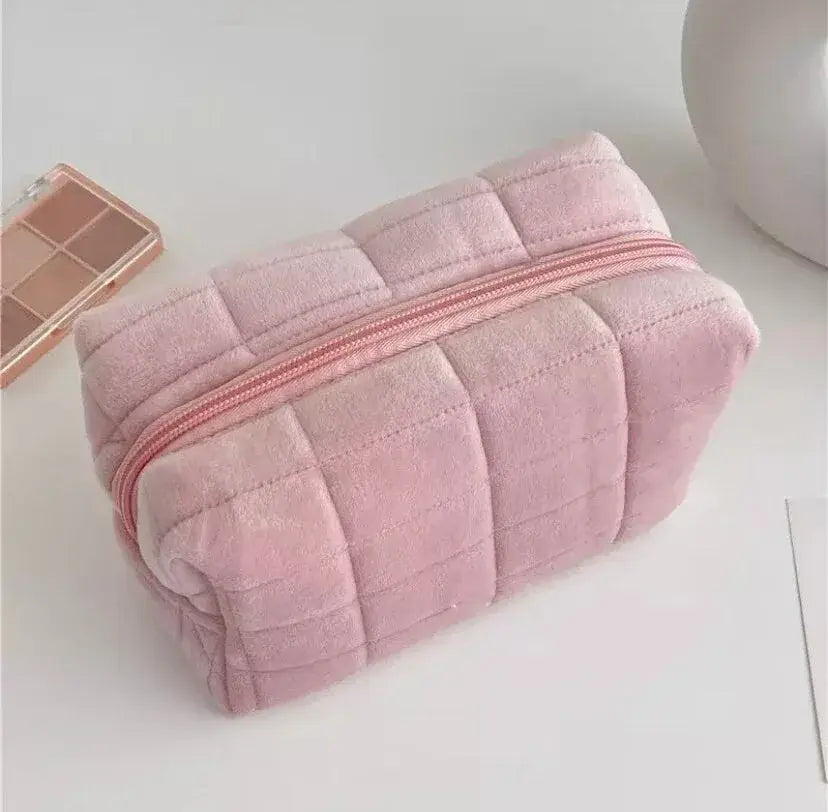 Square Quilted Puffy Plush Cosmetic Multifunction Makeup Bag – Pink ...